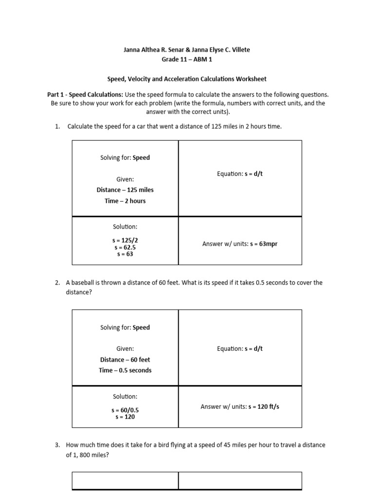 Speed Velocity and Acceleration Calculations | PDF | Speed | Velocity