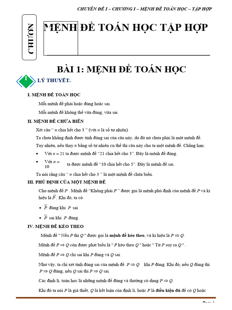 Chuyen de Menh de Toan Hoc Va Tap Hop Toan 10 Canh Dieu | PDF