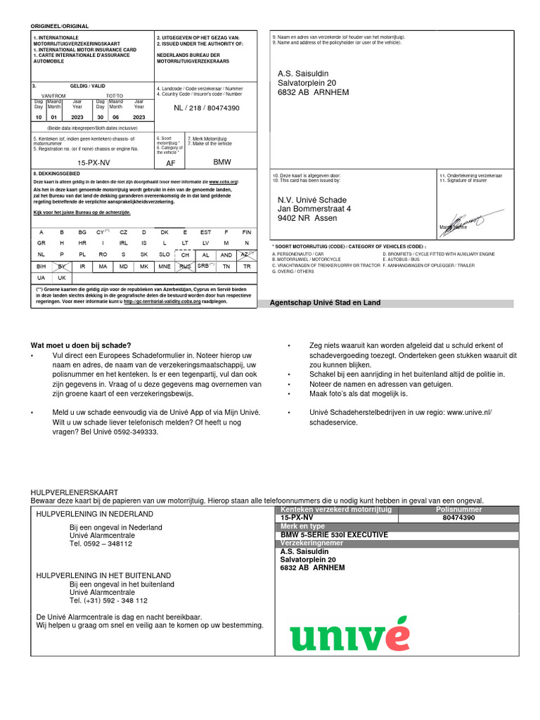 Groene Kaart Autoverzekering 80474390 | PDF