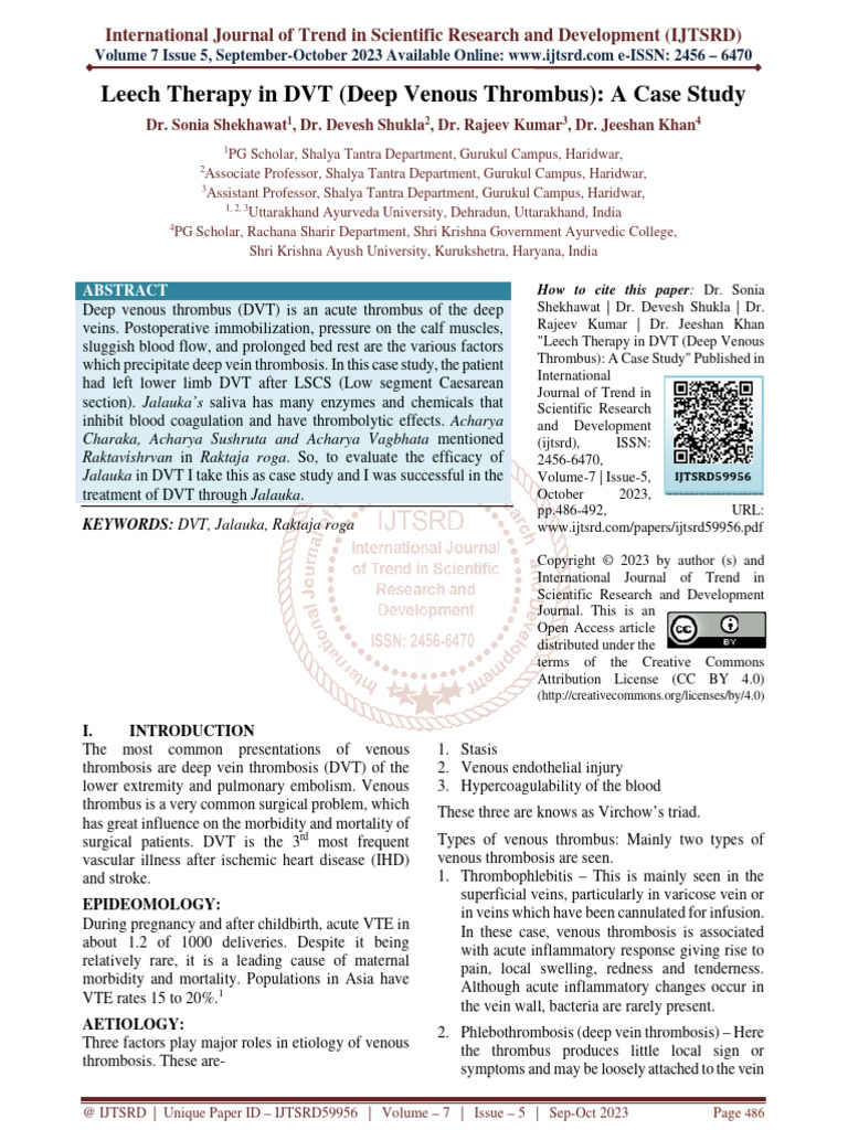 Leech Therapy in DVT Deep Venous Thrombus A Case Study | PDF ...