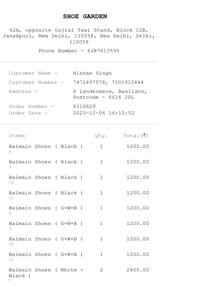 Balmain Shoes Order Invoice | PDF