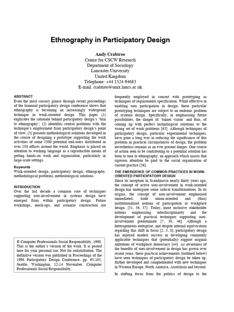 Ethnography in Participatory Design | PDF | Ethnography | Software ...