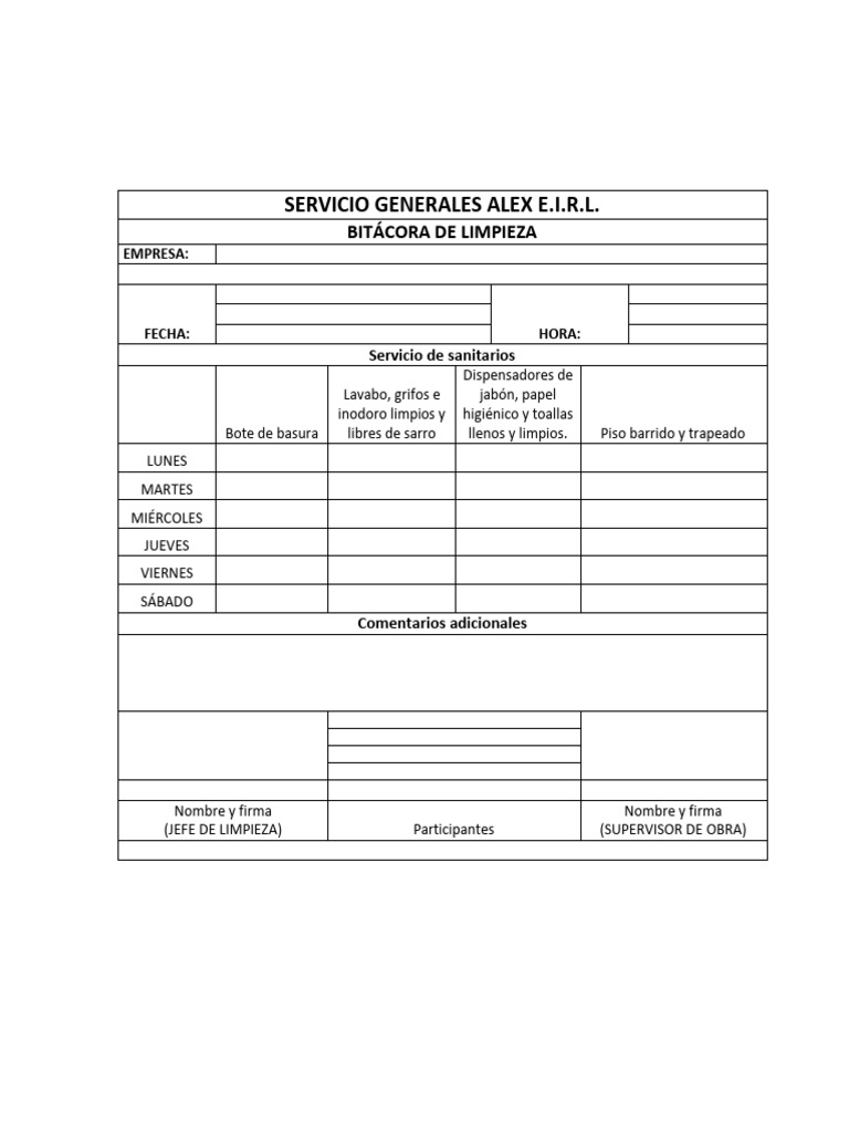 Formato de Bitacora de Limpieza (Autoguardado) | PDF