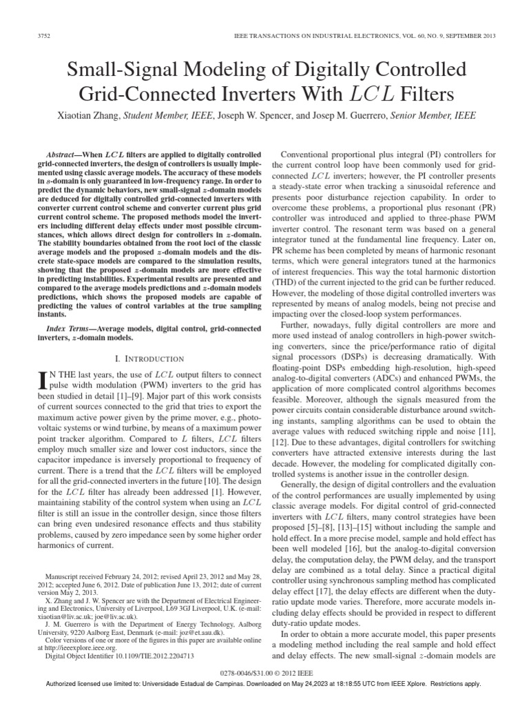 Small-Signal Modeling of Digitally Controlled Grid-Connected Inverters With LCL Filters | PDF ...