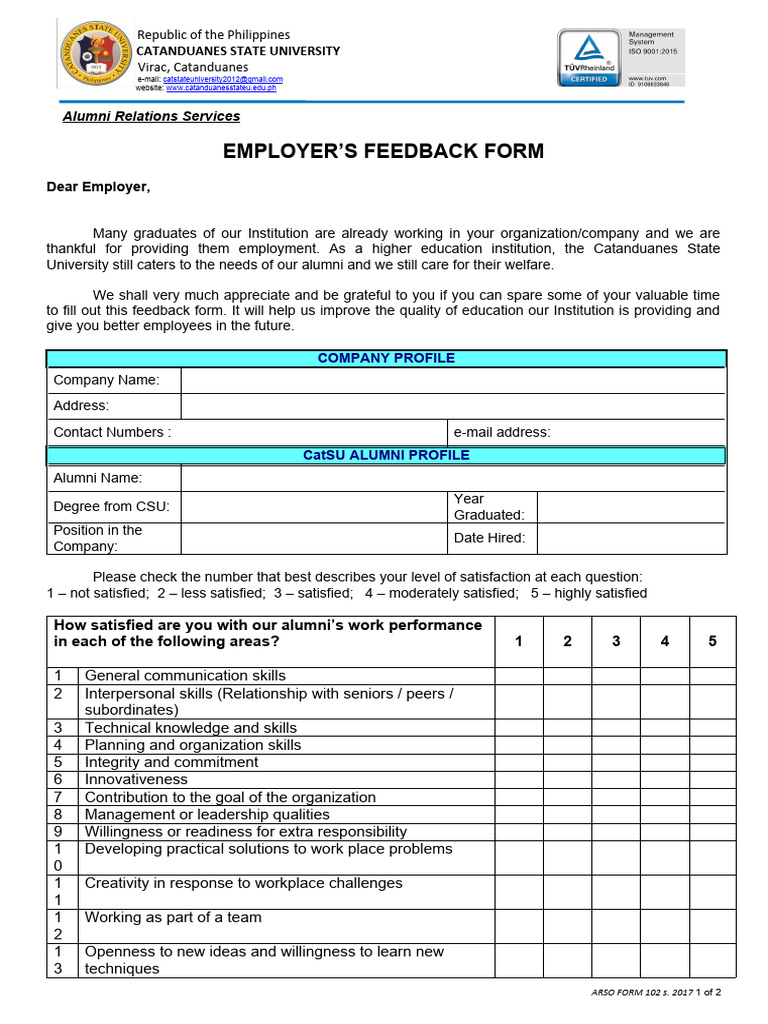 Employers Feedback Form | PDF | Employment | Leadership