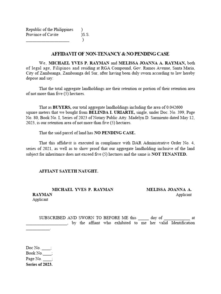 AFFIDAVIT OF HEIRS NON TENANCY and NO PENDING CASE URIARTE | PDF