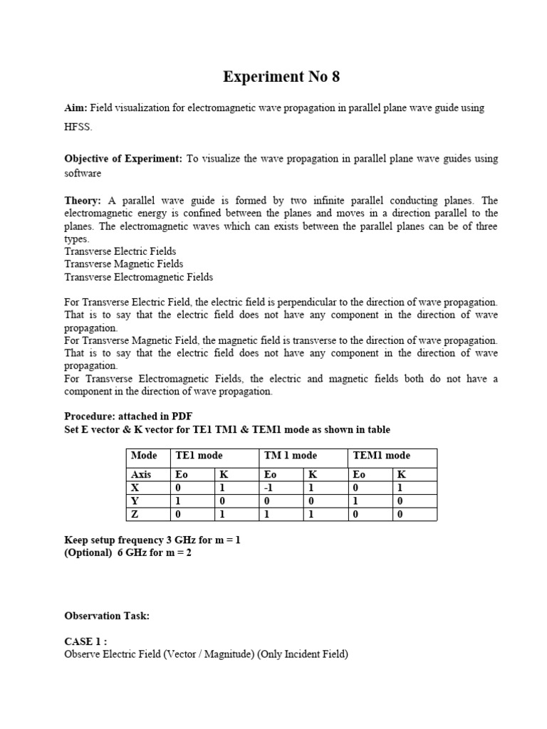 Experiment No 8 Field Visualization For Electromagnetic Wave Propagation In Parallel Plane Wave