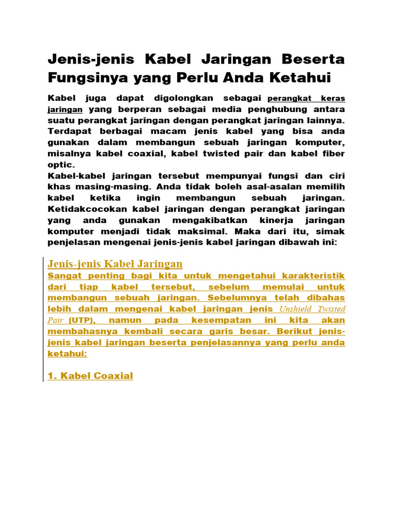 Jenis Kabel Jaringan dan Fungsinya | PDF | Komputer | Teknologi & Rekayasa