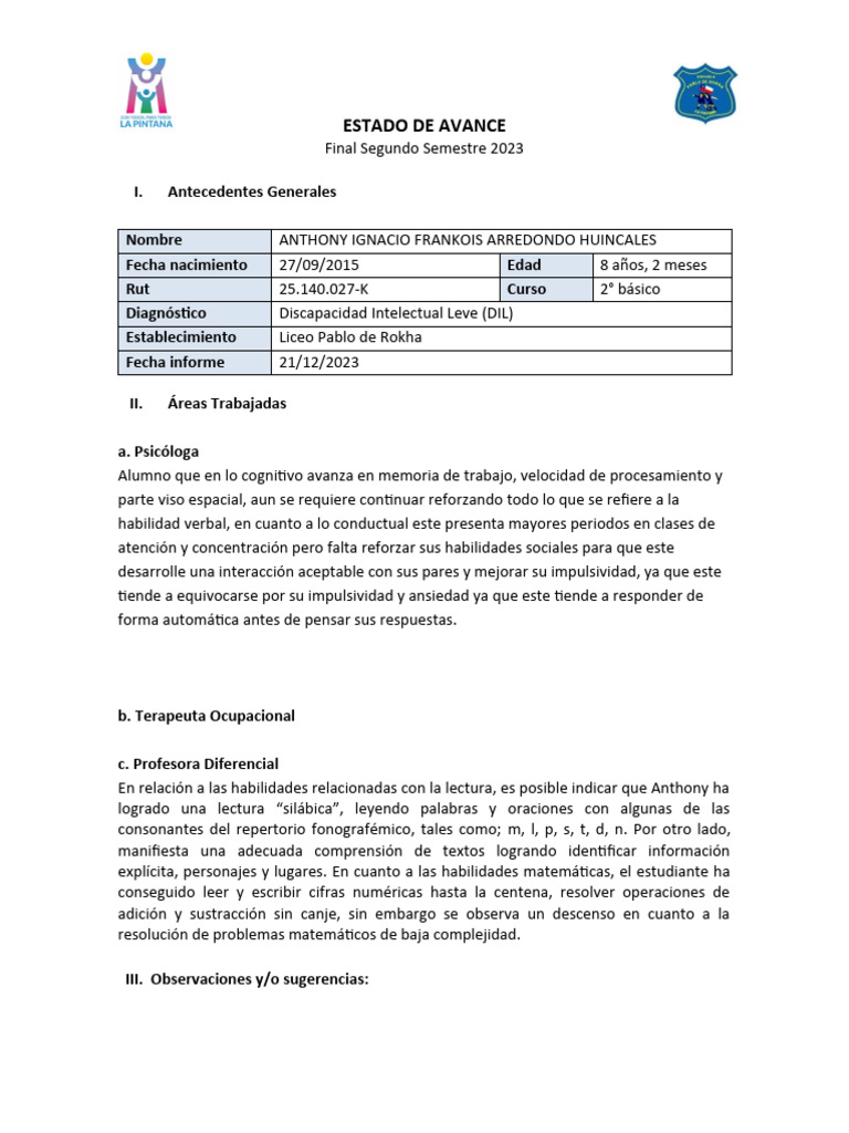 2°A Anthony Arredondo Informe de Avance Final Diciembre 2023 2 | PDF ...