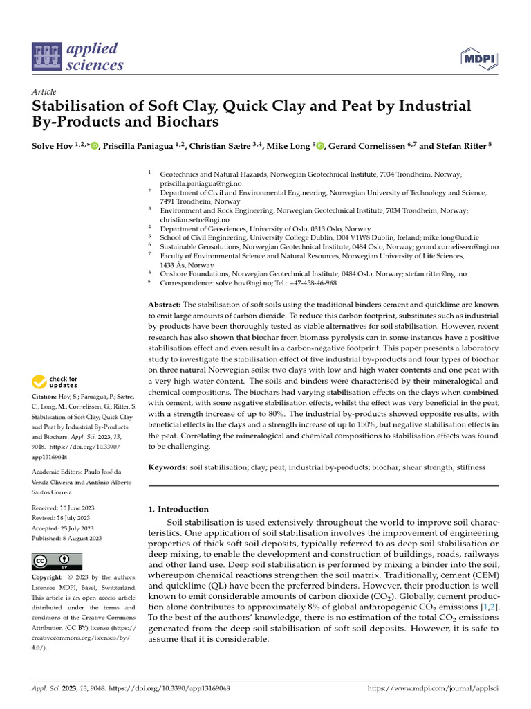 Hov Et Al. (2023) - Stabilisation of Soft Clay, Quick Clay and Peat by ...