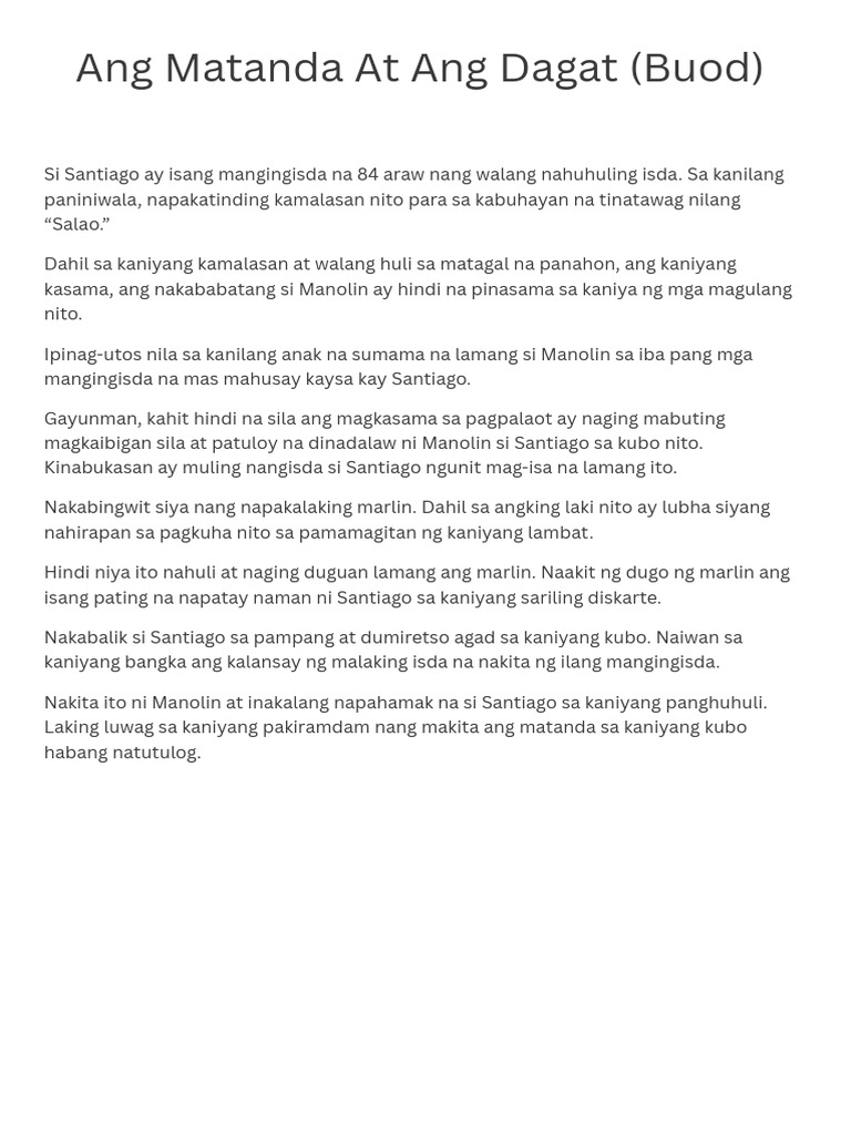 Ang Matanda at Ang Dagat (Buod) | PDF