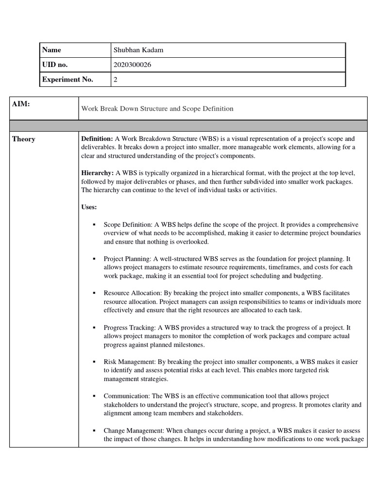 Exp 2 WorkBreakdown Scope Definition | PDF | Databases | Usability