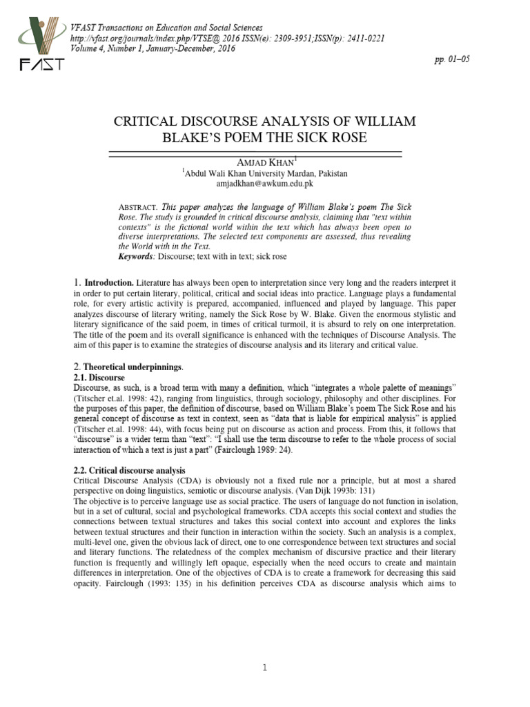 Critical Discourse Analysis of William Blake S Poem The Sick Rose | PDF ...