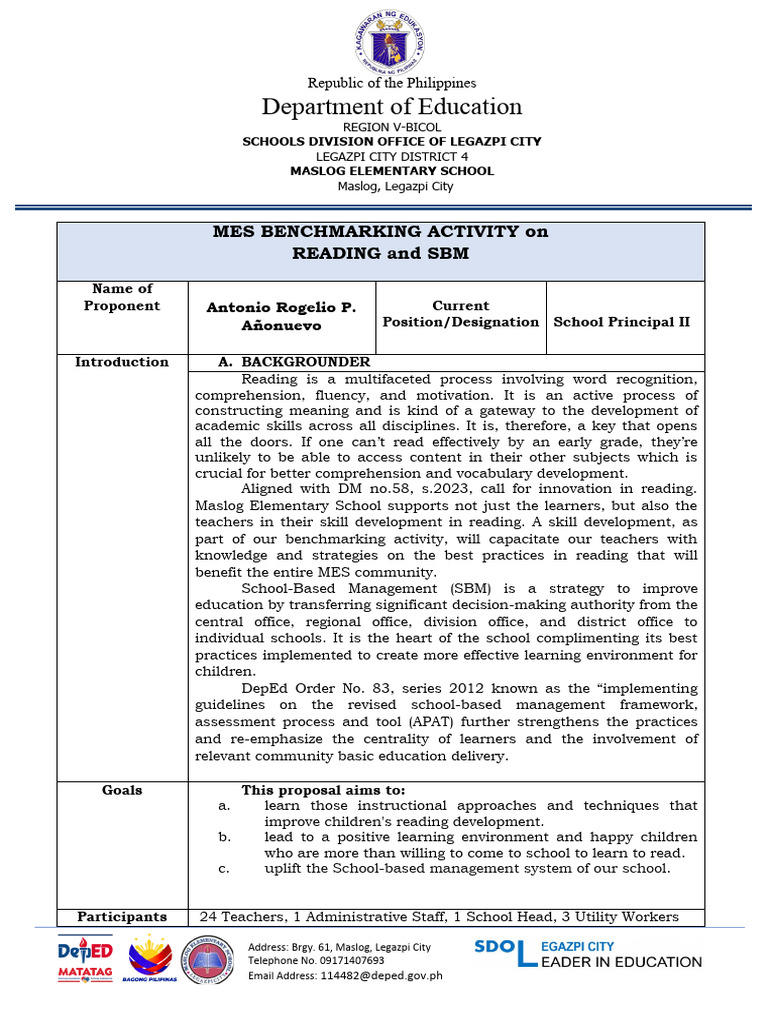 MES Benchmarking Activity Proposal | PDF | Reading Comprehension ...