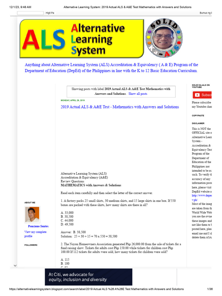 Alternative Learning System - 2019 Actual ALS & A&E Test Mathematics ...