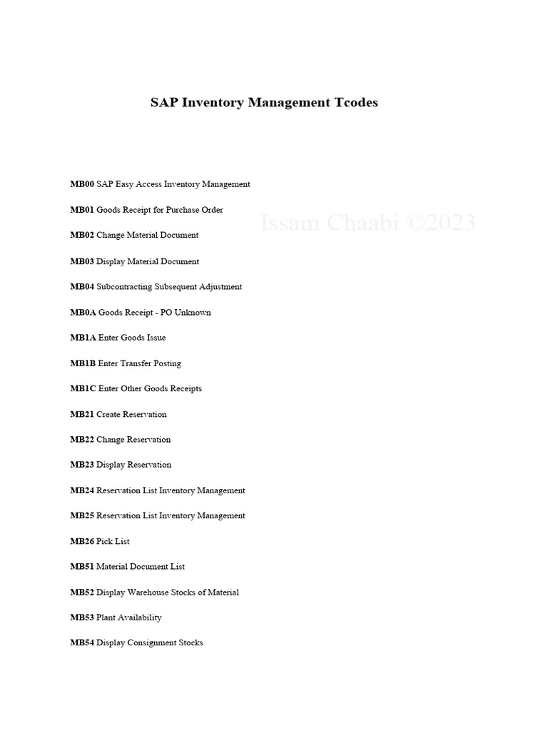 SAP Inventory Management Tcodes | PDF | Inventory | Business