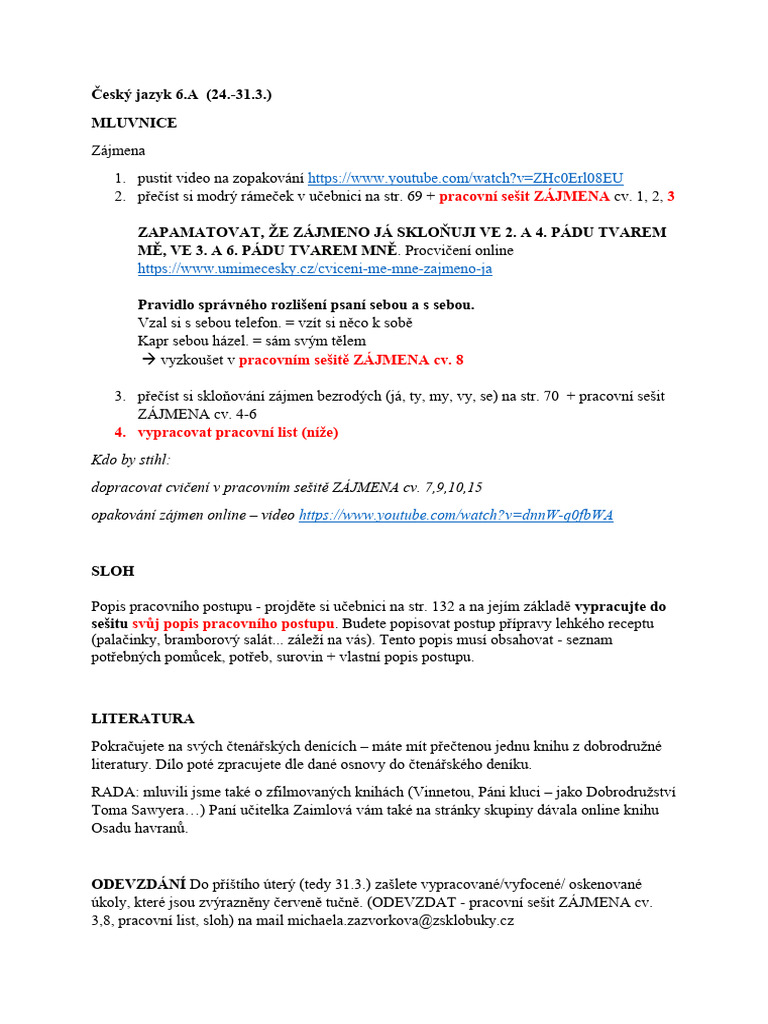 Domácí Práce Na Období 24.-31.3. - ČJ | PDF