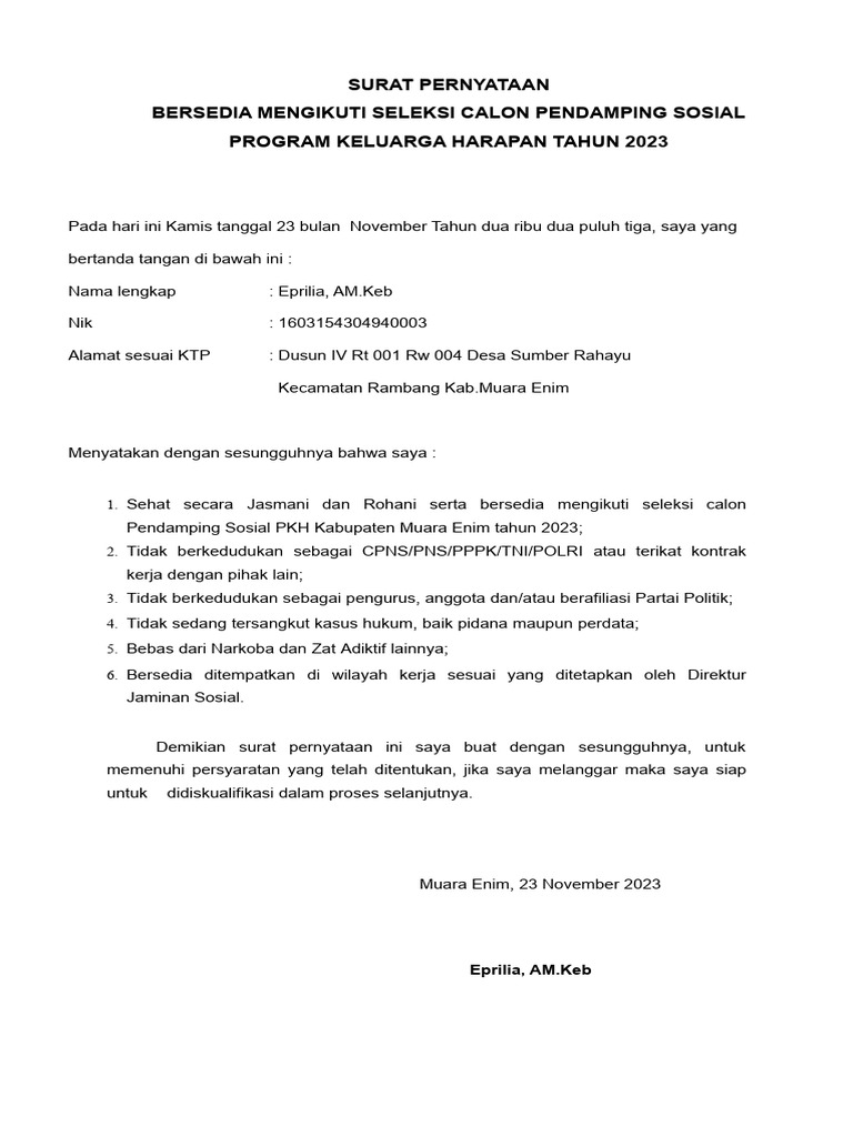 Surat Pernyataan PKH | PDF