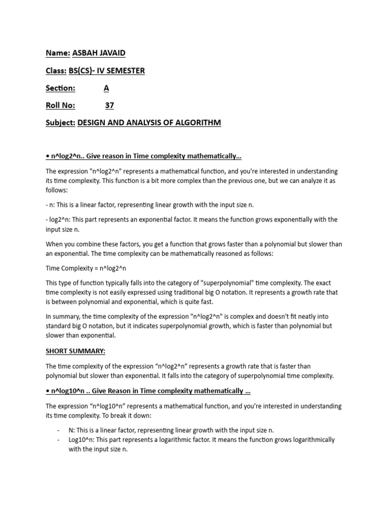 Design and Analysis of Algorithm Quiz | PDF | Time Complexity ...