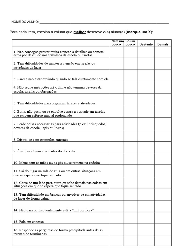 Questionário Tdah Snap IV | PDF | Transtorno de déficit de atenção e ...