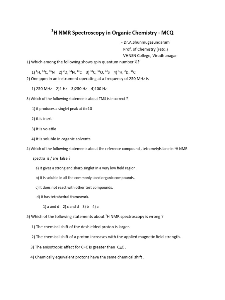 1H NMR Spectroscopy in Organic Chemistry - MCQ | Download Free PDF ...
