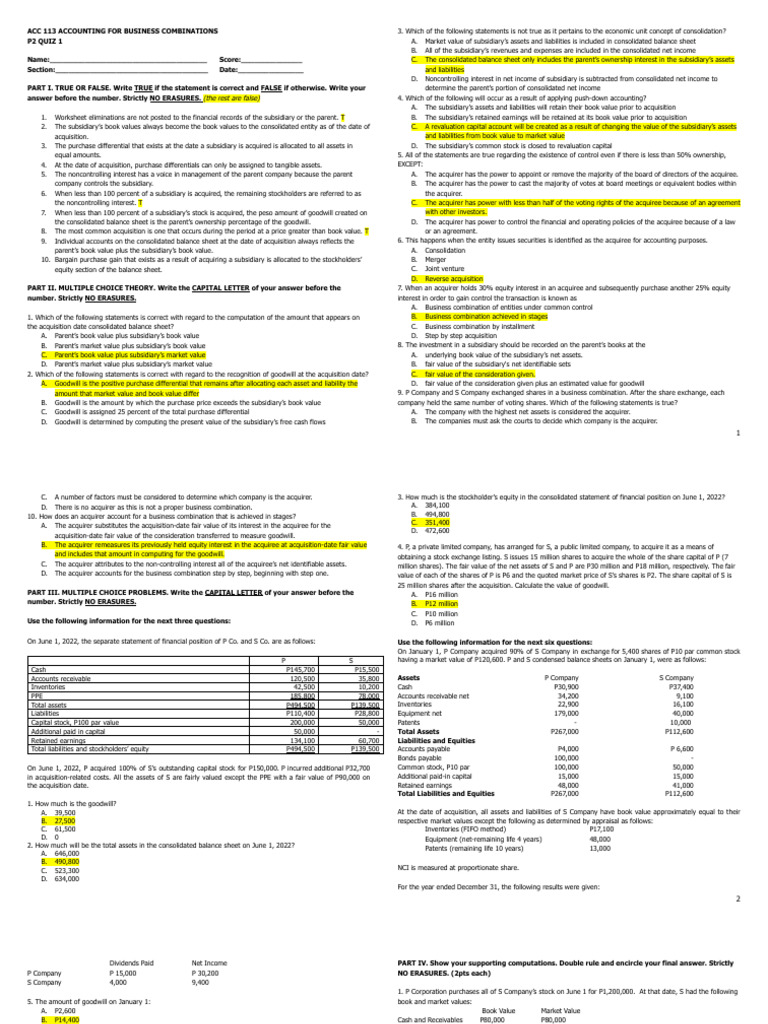 ACC 113 P2 Quiz 1 Key Answer | PDF | Book Value | Goodwill (Accounting)