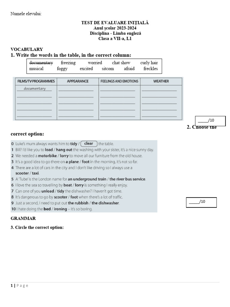 Test Initial Engleza Clasa A VII-a | PDF