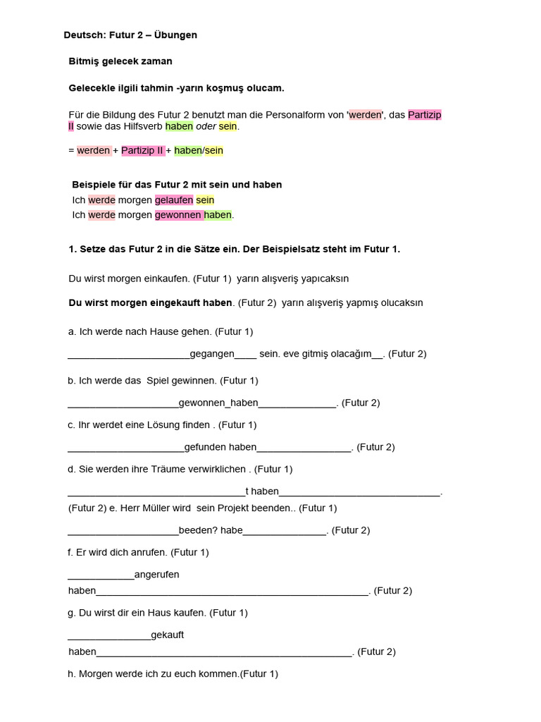 Futur 2 Futur 1 Uebung Arbeitsblatt | PDF
