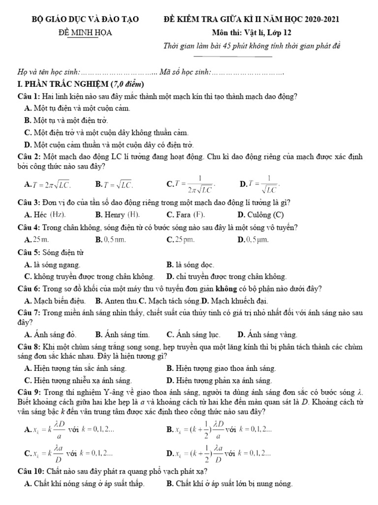De Minh Hoa Kiem Tra Giua Ki 2 Mon Vat Li Lop 12 | PDF