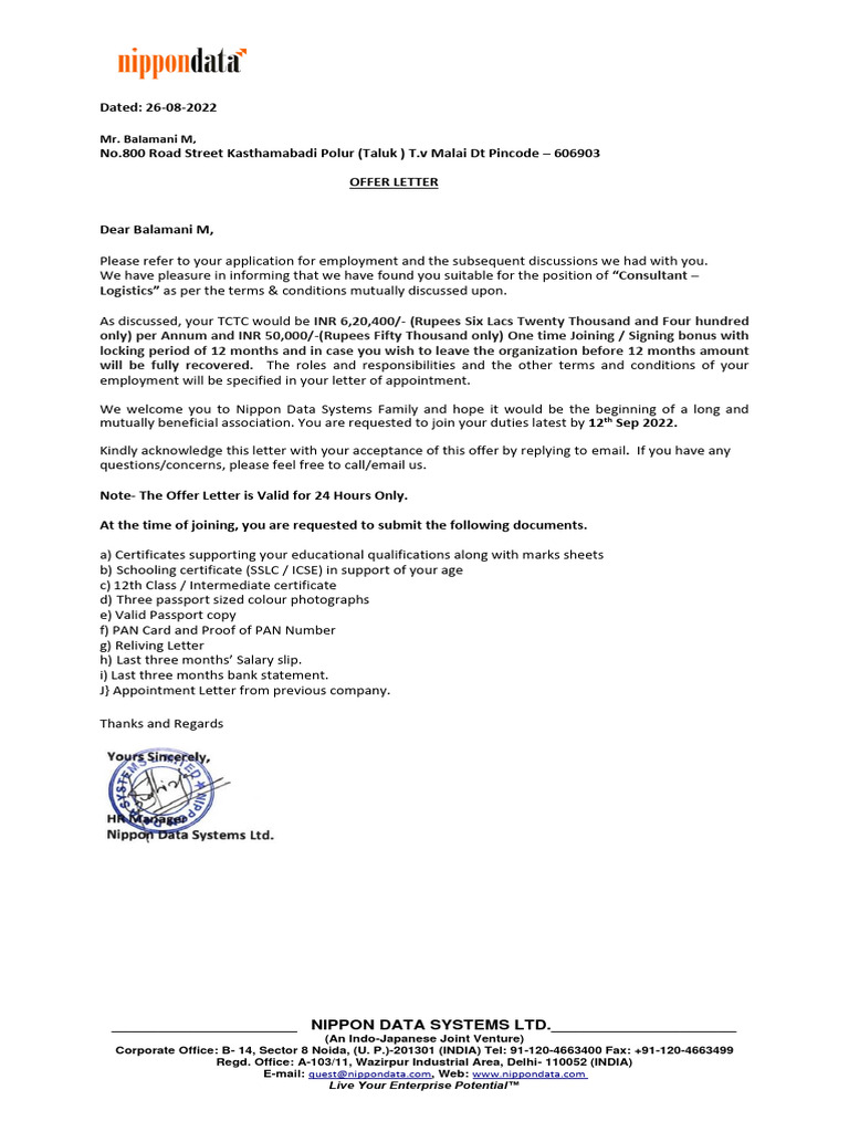 BALAMANI M Offer Letter | PDF | Salary | Labor