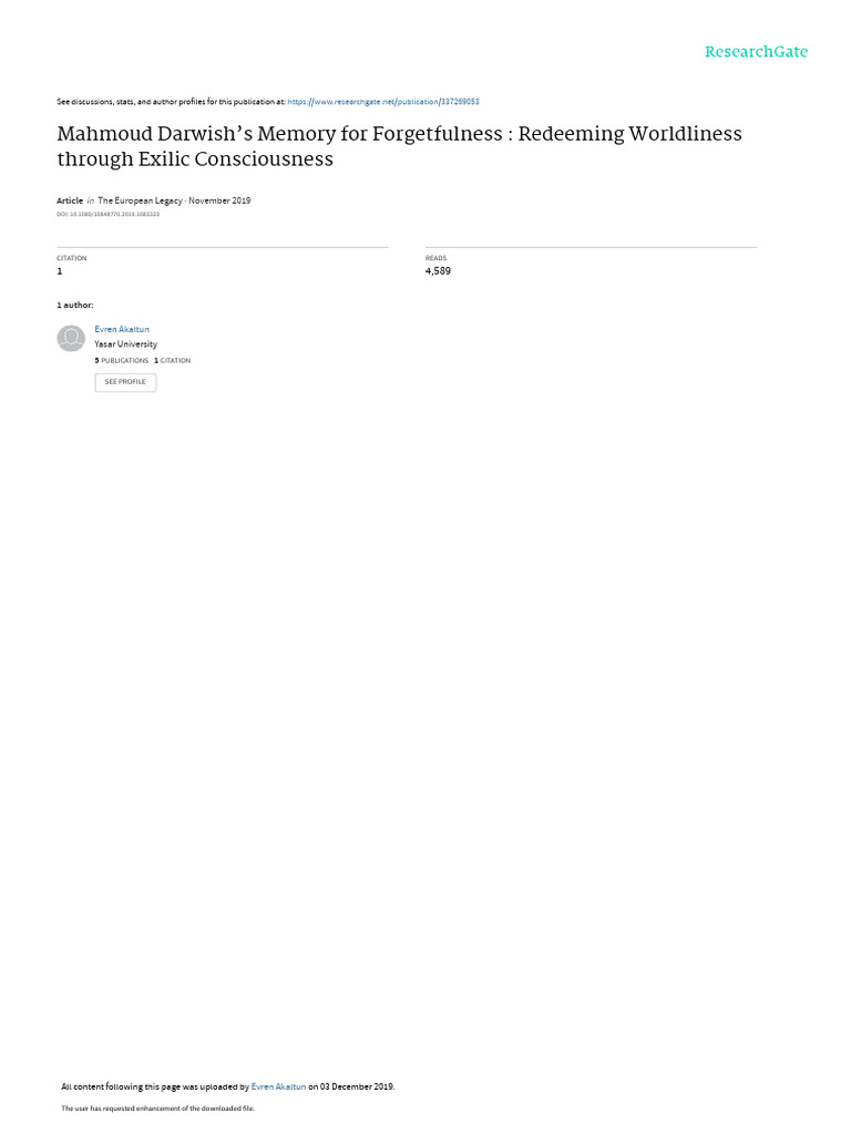 Mahmoud Darwish's Memory For Forgetfulness: Redeeming Worldliness ...