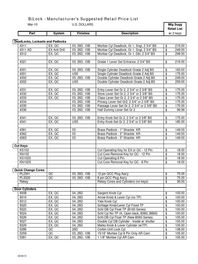 2010 March BiLock Retail PRICEBOOK | PDF | Equipment | Security Technology