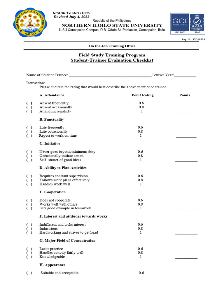 NIPSC OJT 07 Student Trainee Evaluation Checklist | PDF | Psychology | Psychological Concepts