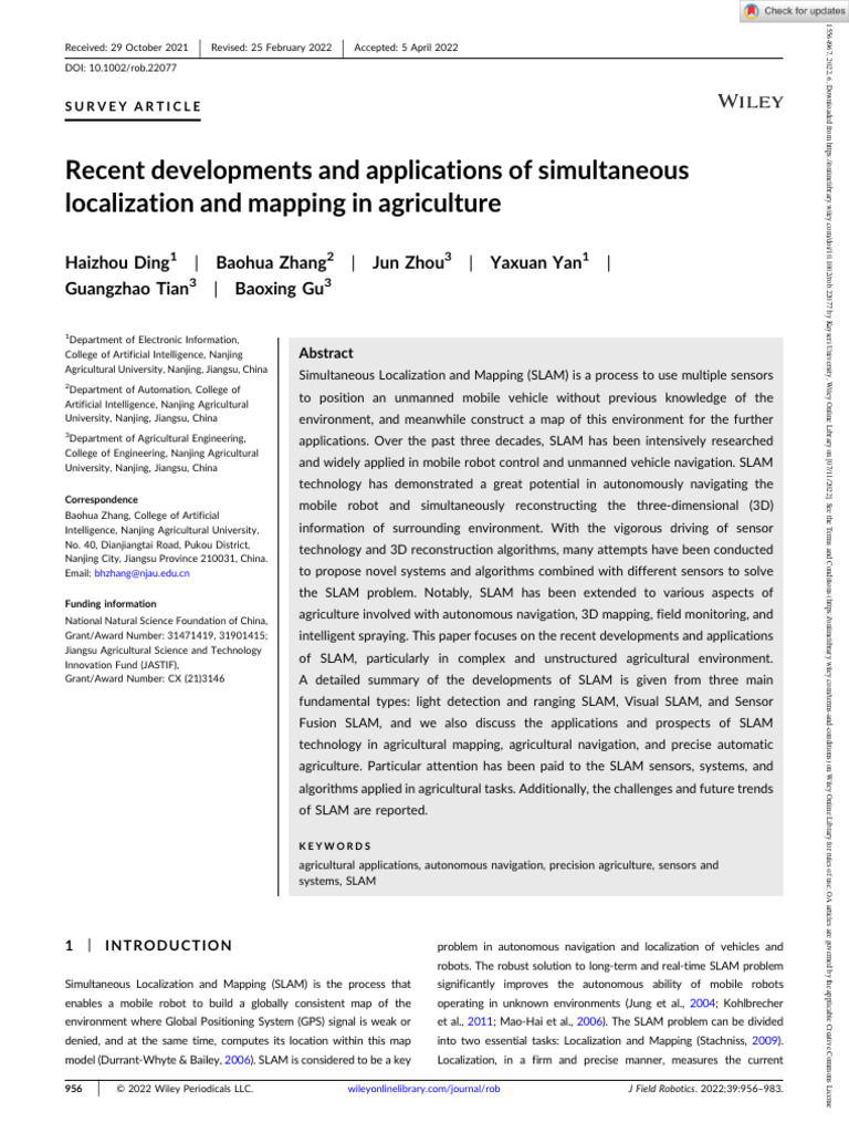 Recent Developments and Applications of Simultaneous Localization and Mapping in Agriculture ...