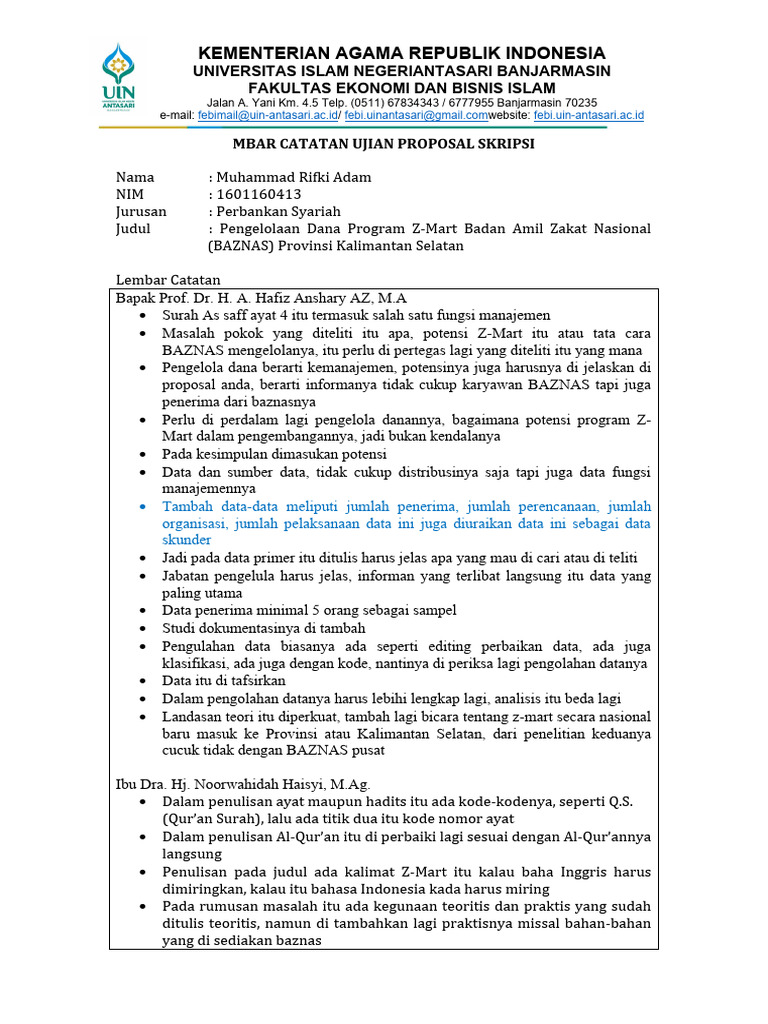 LEMBAR CATATAN UJIAN PROPOSAL Muhammad Rifki Adam | PDF | Karier ...