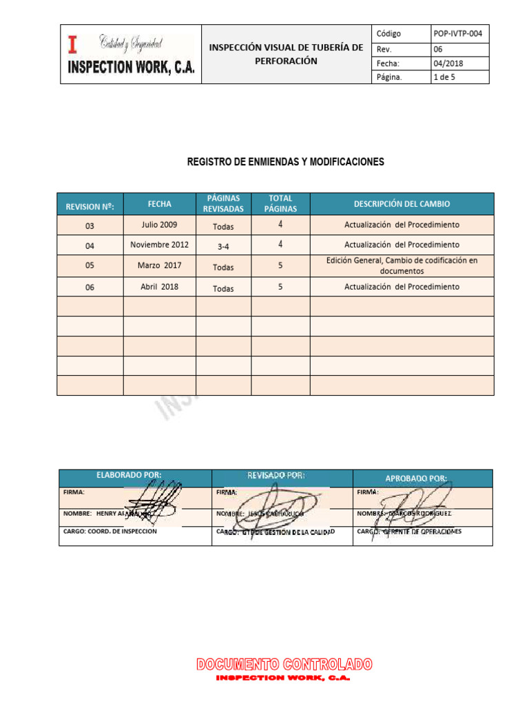4.-POP-IVTP-004 Inspeccion Visual Tuberia Perf r.6 | PDF | Hogar ...