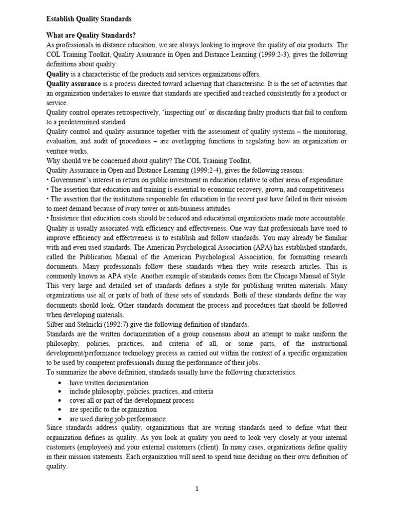 Establishing Effective Quality Standards | PDF | Quality Assurance ...