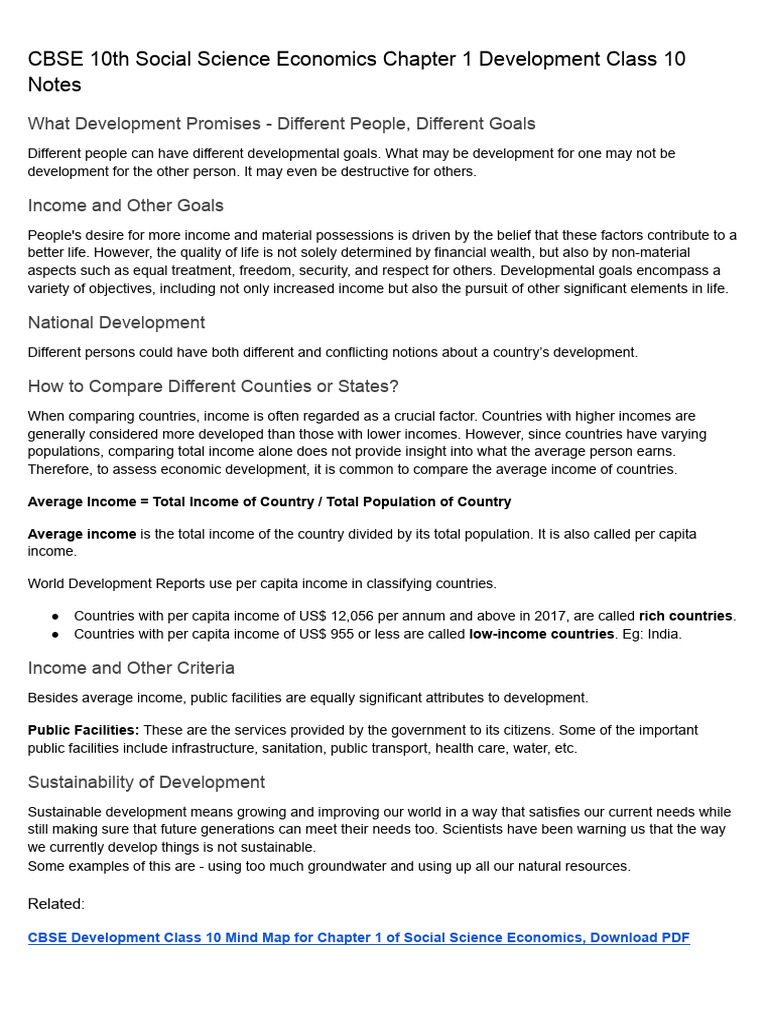 Cbse 10th Social Science Economics Chapter 1 Development Class 10 Notes ...