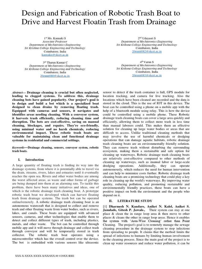 Design and Fabrication of Robotic Trash Boat To Drive and Harvest Floating Trash in Drainages ...