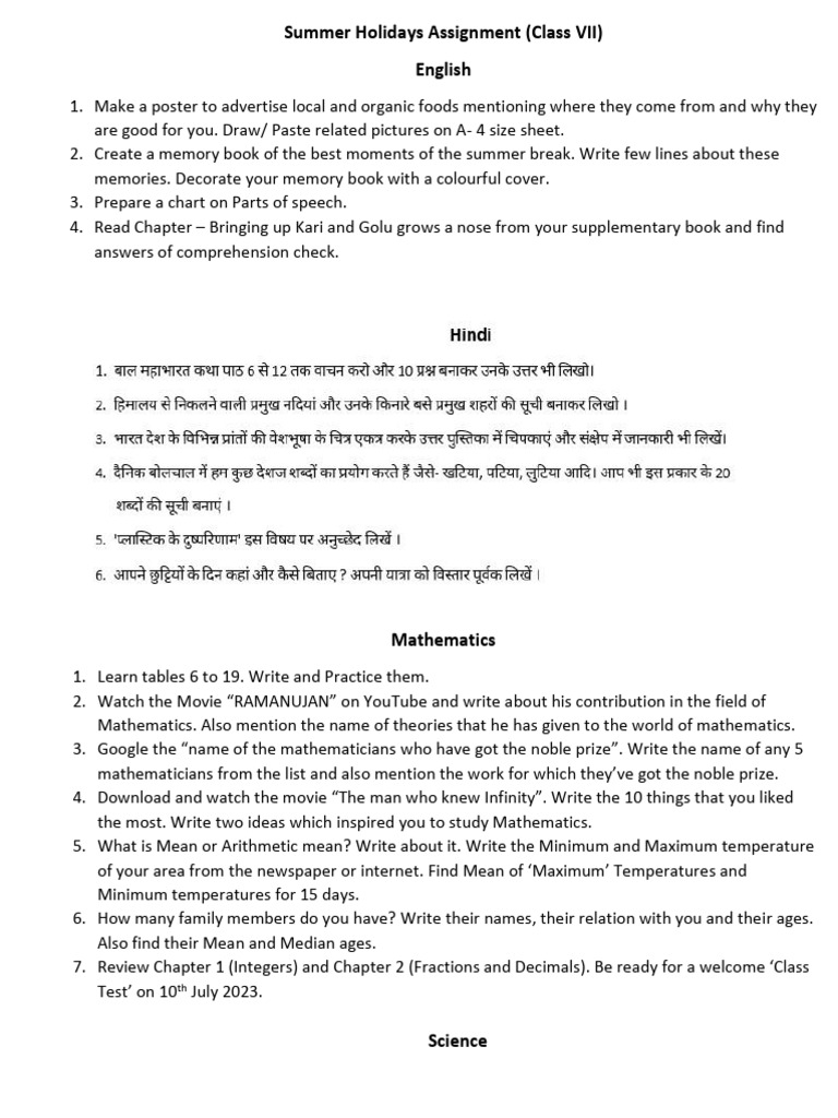 Class 7 Holiday Homework | PDF | Mathematics | Arithmetic