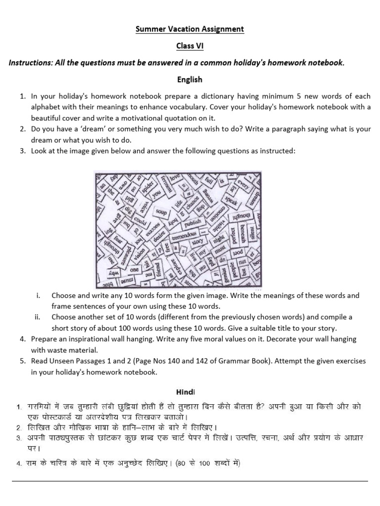 Class 6 Summer Holiday Homework | PDF