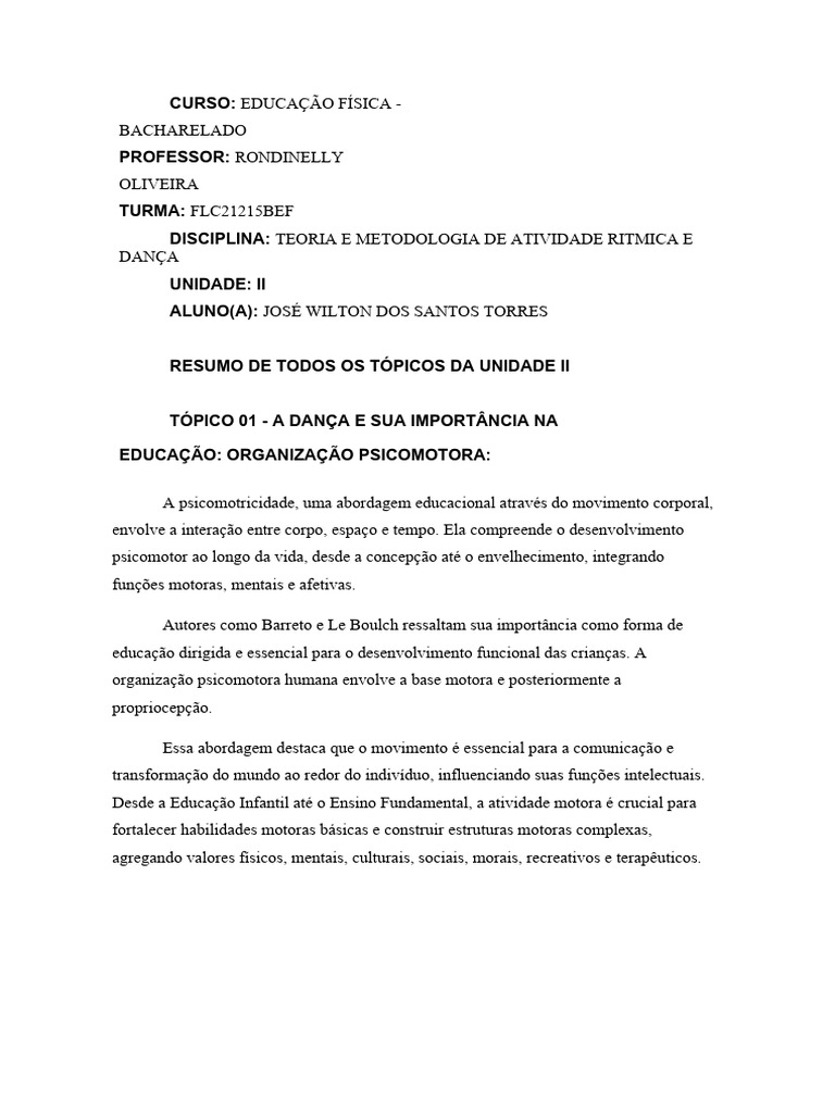 Resumo Da Unidade 2 Metodologia Do Ensino Da Atividde Ritimica E Dança Pdf Corpo Humano Danças