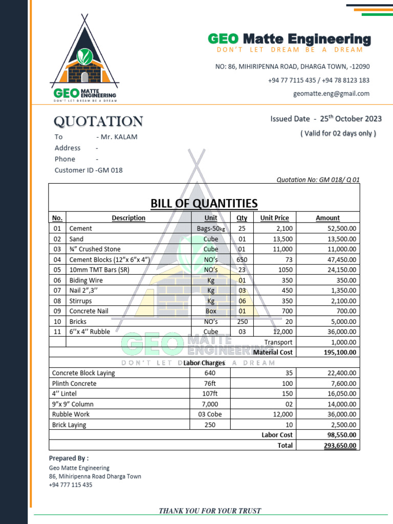 Quotation: Bill of Quantities | PDF | Building Materials | Structural ...