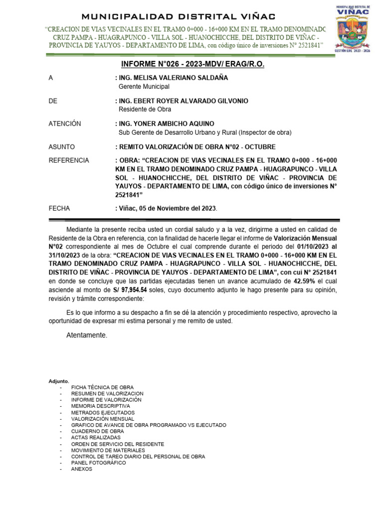 Informe N°026 - Informe de Valorizacion N°02 Octubree | PDF | Negocios