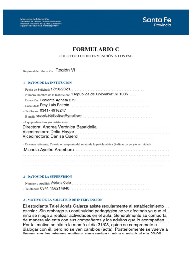 Formulario C - SOLICITUD DE INTERVENCION A LOS ESE POR INSTITUCIONES EDUCATIVAS | PDF