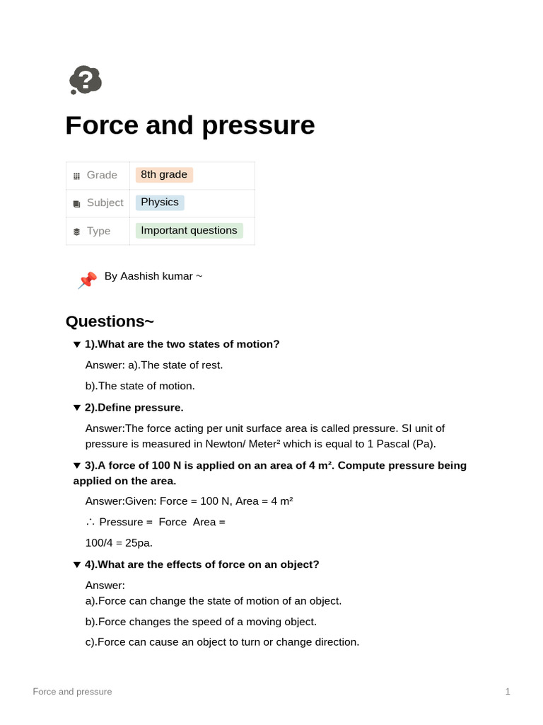 Force and Pressure | PDF | Force | Pressure