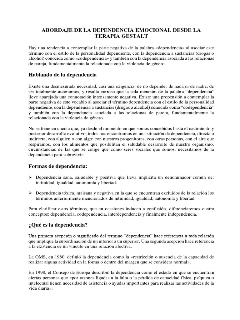 Abordaje de La Dependencia Emocional Desde La Terapia Gestalt | PDF | La dependencia de ...