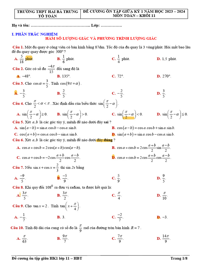 Đề Cương Toán 11 GK1 22.23 HBT | PDF