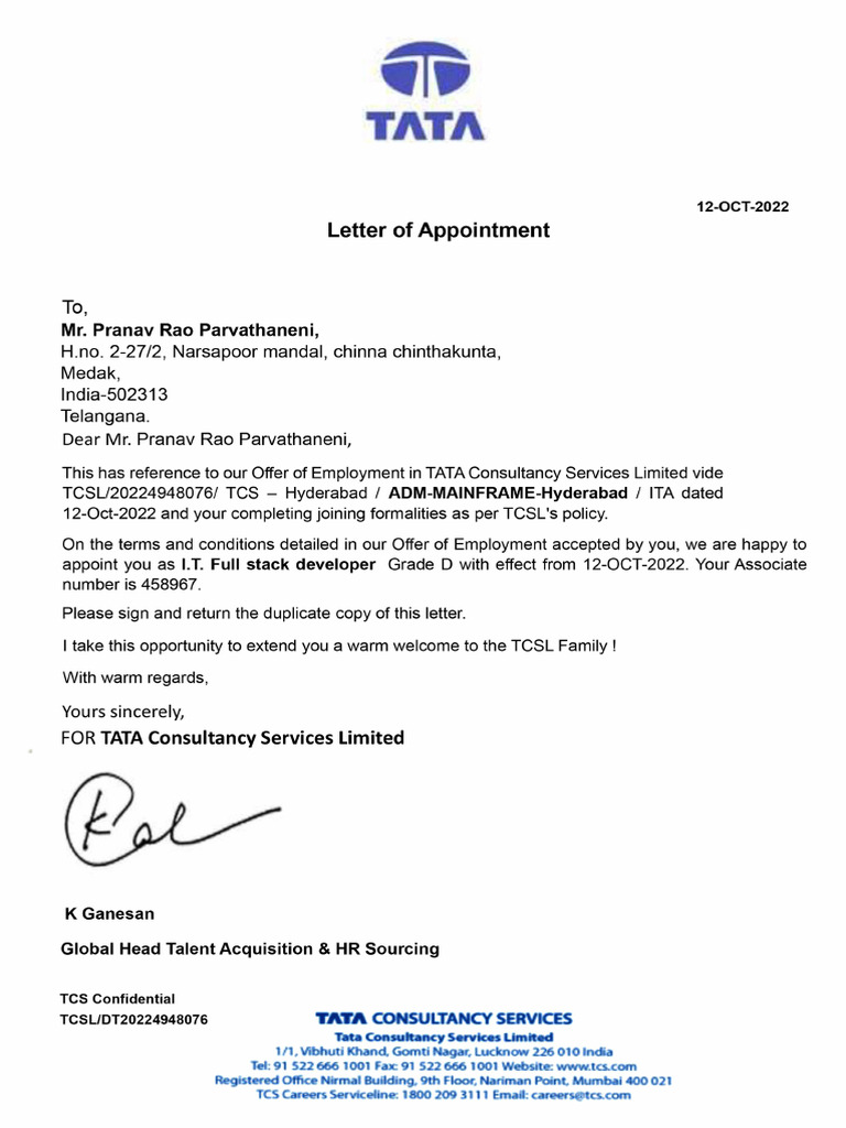 Letter of Appointment - Tcs.hyd | PDF