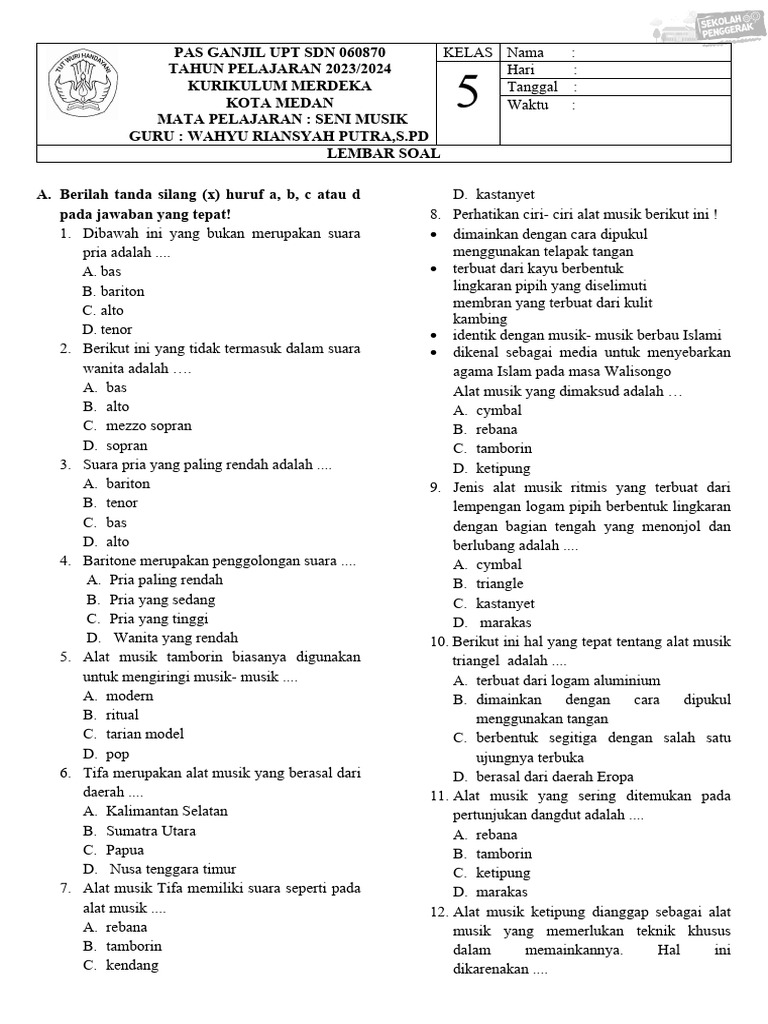 Soal PAS (Ganjil) Kelas 5 Kurikulum Merdeka | PDF